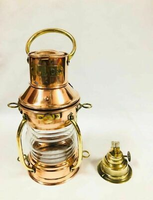 Copper and Brass Nautical Oil Lamp, 10" Ship Lantern, Marine Anchor ...