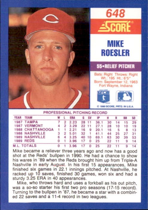 Mike Roesler 1990 Score Rookie Card #648 | eBay