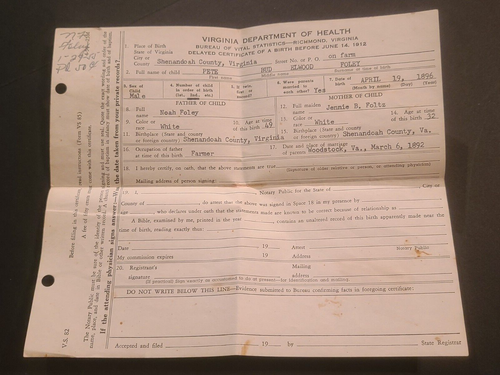 Antique 1896 Original Authentic Virginia Birth Certificate Shenandoah ...
