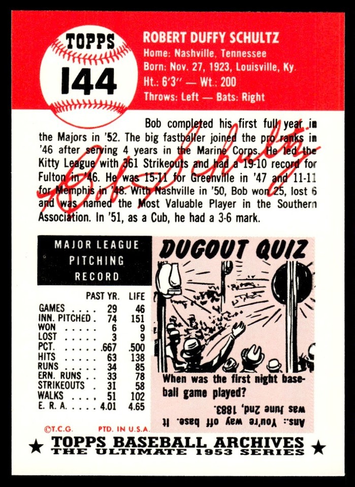 1991 Topps Archives 1953 Bob Schultz Chicago Cubs #144 | eBay