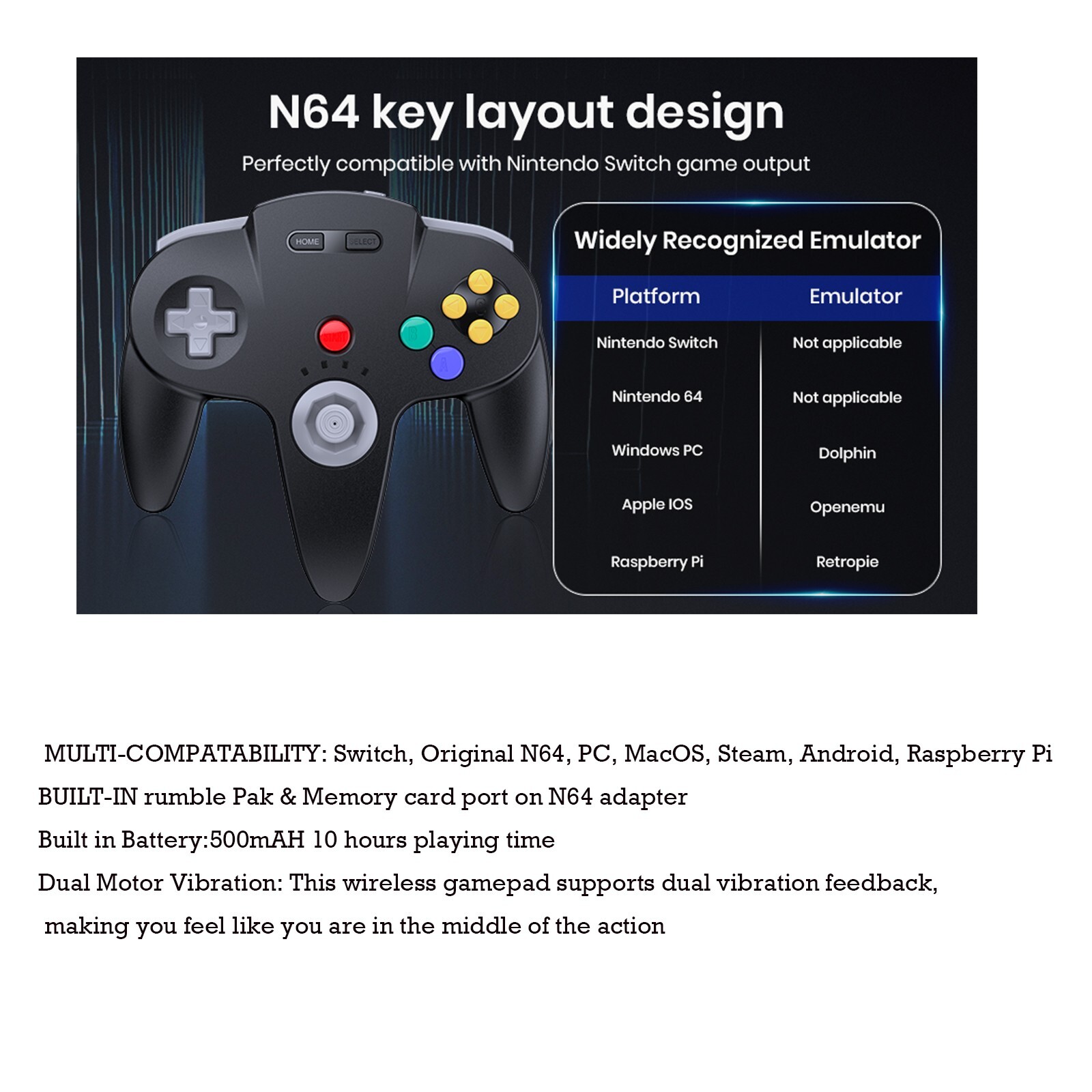 Wireless N64 Controller for Nintendo Switch Online NSO PC Mac Raspberry ...