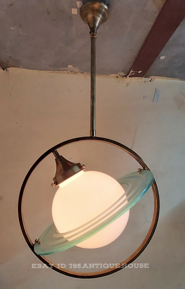 ANTIQUE VINTAGE SATURN ART DECO FIXTURE CEILING BRASS HANGING LIGHT ...