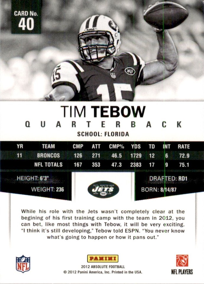 2012 Panini Absolute Tim Tebow New York Jets #40 NFL Football Card | eBay