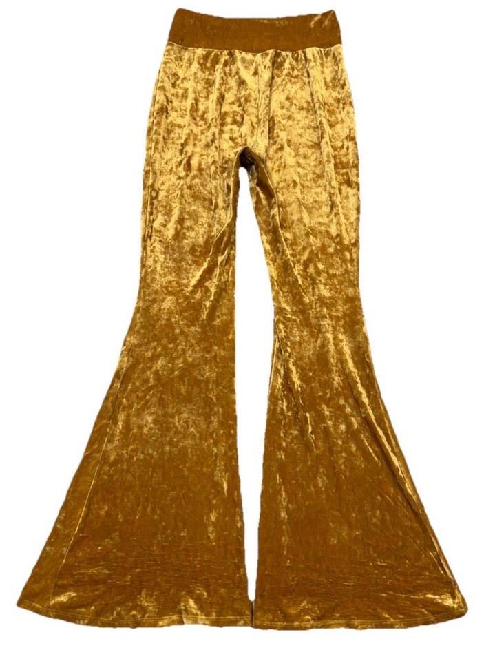 Women’s Crushed Velvet Trumpet Flare Pants Gold Stretch Pull On Size ...