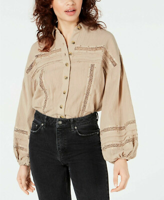 Free People Stars Lace Crochet Embellished Summer Button Down Shirt Top ...