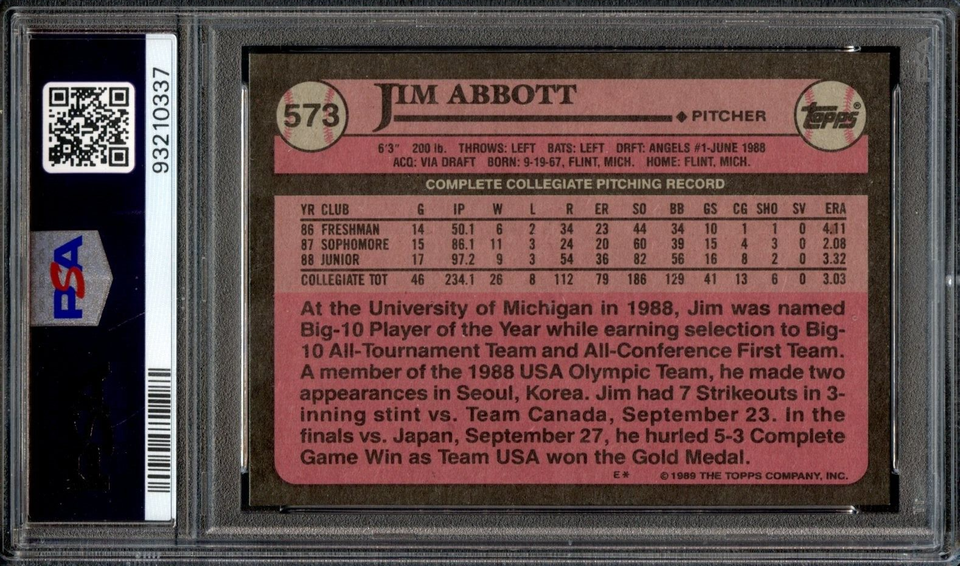 1989 Topps #573 Jim Abbott RC PSA 9 #1 Draft Pick 0337 | eBay