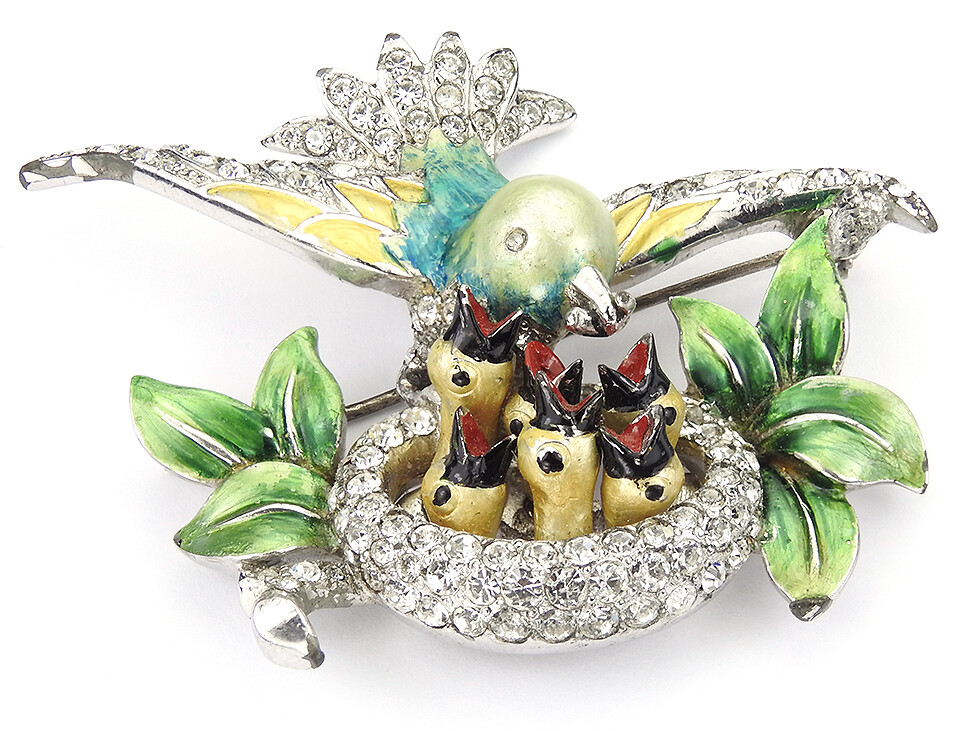 MB Boucher Pave and Metallic Enamel Mother Bird on Nest Feeding her ...