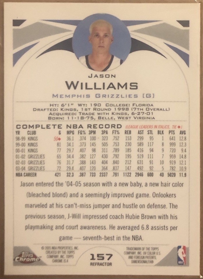 04-05 Topps Chrome Jason Williams Refractor 2004 #157 White Chocolate ...