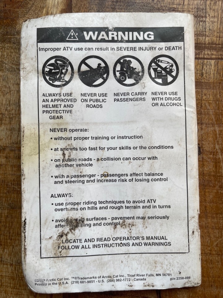 2008 ARCTIC cat operators manual DVX 400 part number 2258–086 used | eBay