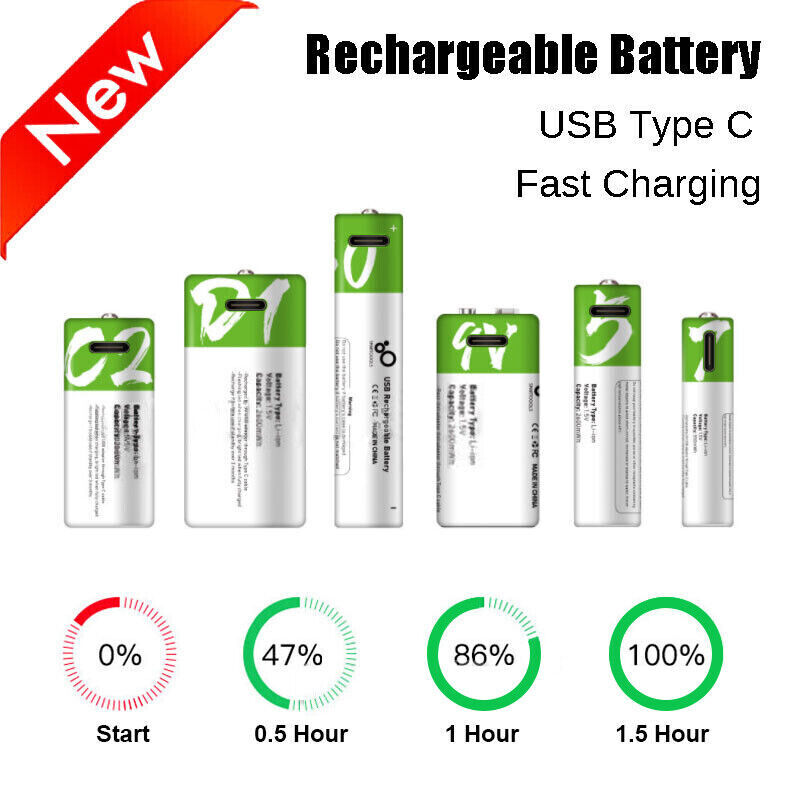 Rechargeable AAA/AA/9V/C2/D1 Batteries ion Battery USB Type C Fast ...