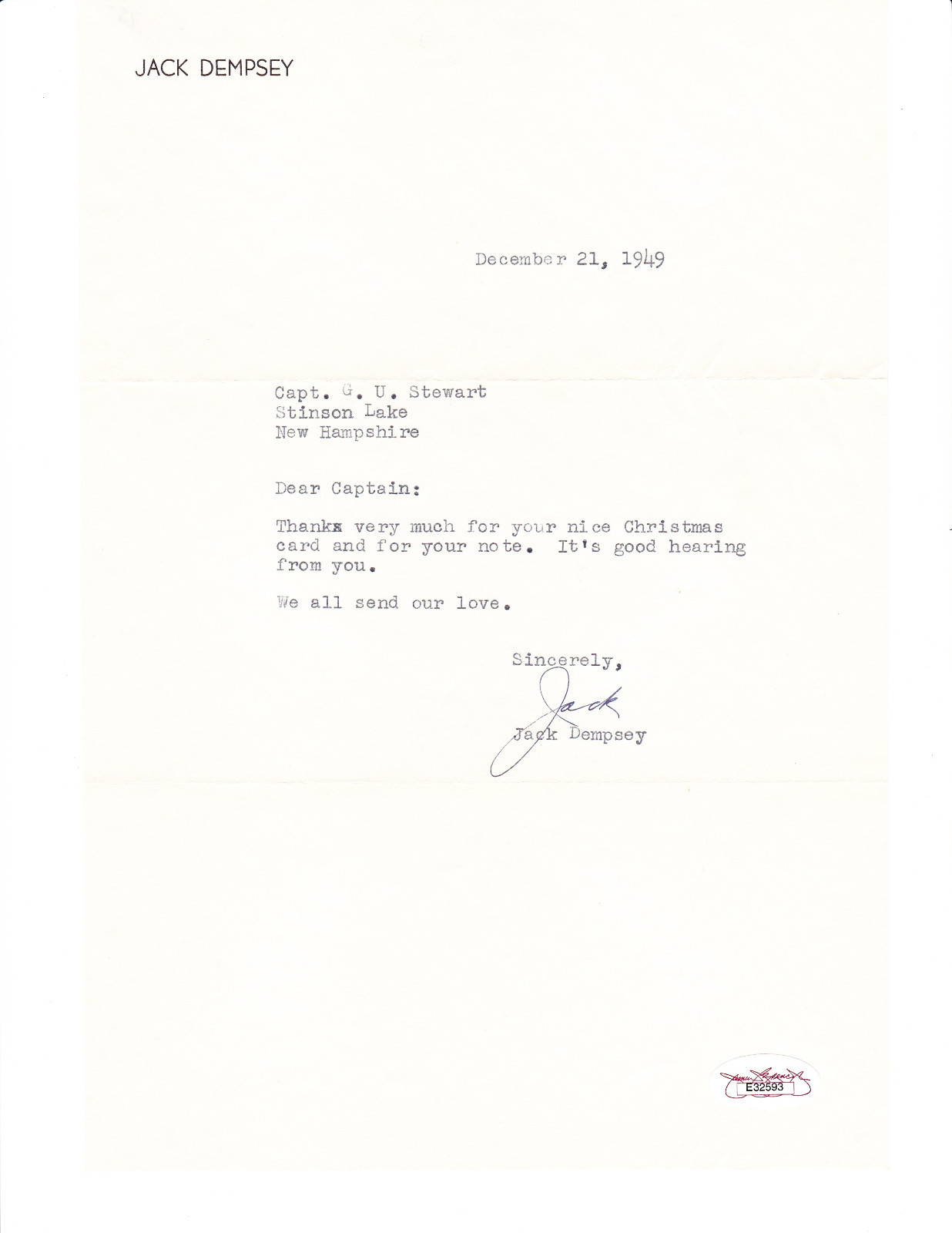 Jack Dempsey Autographed Memorabilia | Signed Photo, Jersey ...