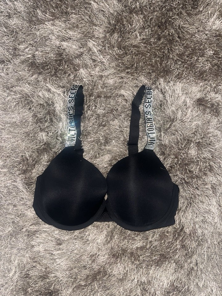 Victoria's Secret Very Sexy Black Shine Strap Bra Size 32D Rhinestone ...