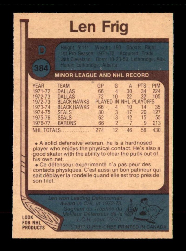 1977 O-Pee-Chee NHL #384 Len Frig EXMT/EXMT+ X3539827 | eBay