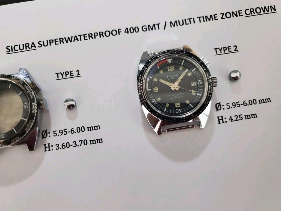 SICURA 1970's WATERPROOF 400 GMT TIME ZONE EB 8021 BFG 158 6.00mm CROWN ...