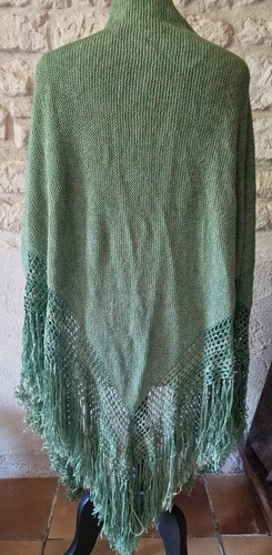 vetement ancien : Chale campagne tricoté avec belles franges - Vert | eBay