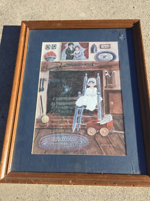 Vintage Prim Colonial America USA Folk Art Framed Kettle Doll Betty ...