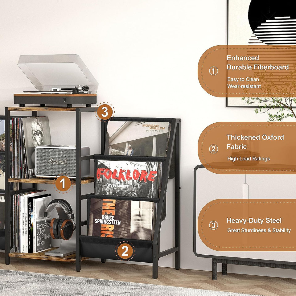 Record Player Stand with Two Side Display Shelves - 280 Album Capacity ...