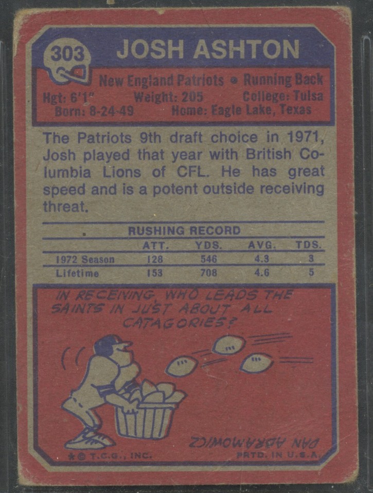 1973 Topps #303 Josh Ashton New England Patriots | eBay