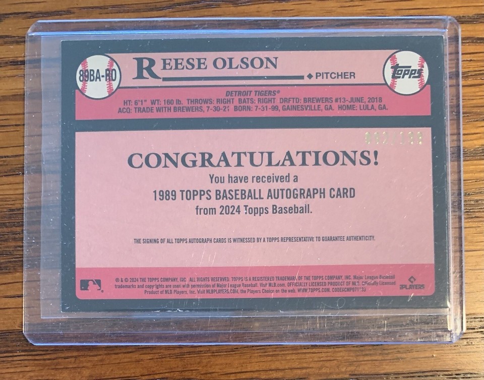2024 Topps Series 1 Reese Olson 1989 Topps RC Auto Black Border /199 | eBay