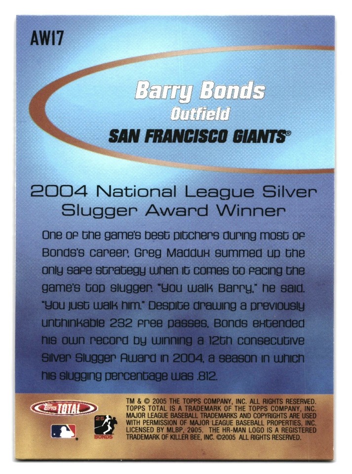 2005 Topps Total Barry Bonds Total Award Winner San Francisco Giants # ...