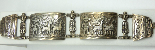 Vintage Peruvian Solid Silver Wide Panel Bracelet w/ Farmer & Alpacas ...