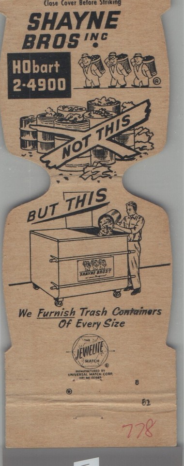 Matchbook Cover Shayne Bros. Sanitary Fire Proof Rubbish Container | eBay