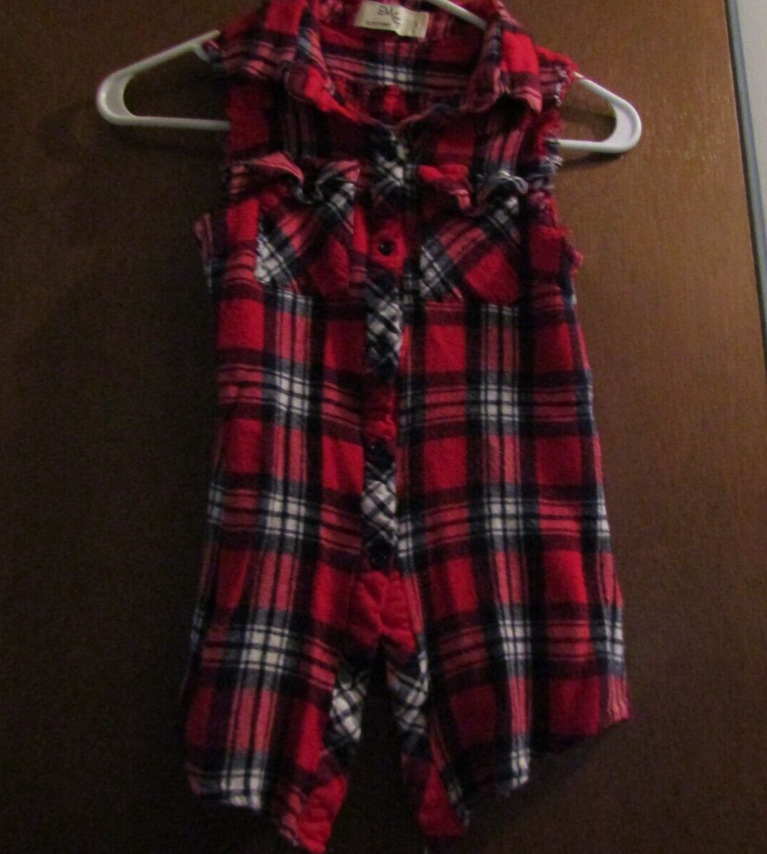 girls/teens red plaid sleeveless button-down soft rayon shirt S-Emma ...