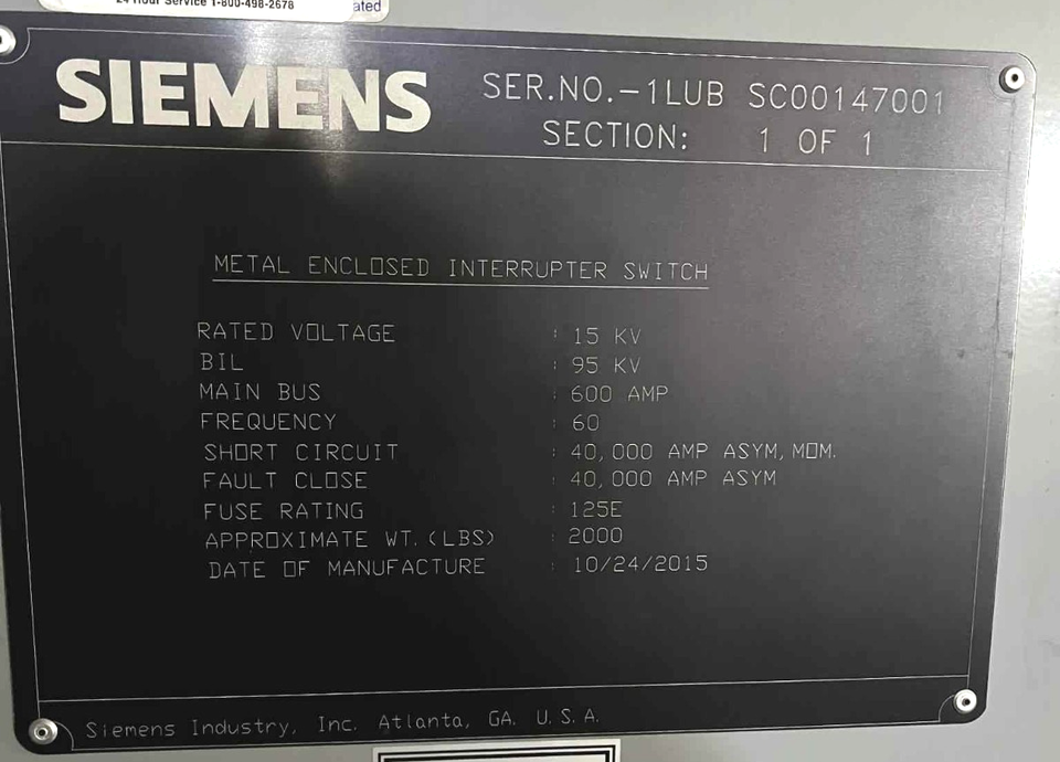 Siemens Interrupter Switch Gear 600 Amp 15 kV and Transformer 12470 to ...