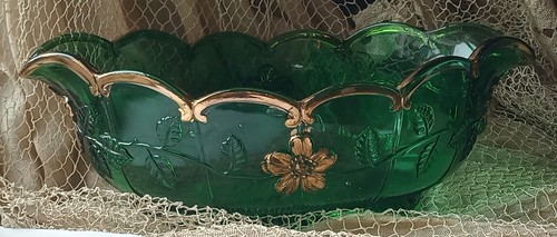 Antique Emerald Green Fruit Bowl, Goofus Glass Gold Painted Flowers | eBay