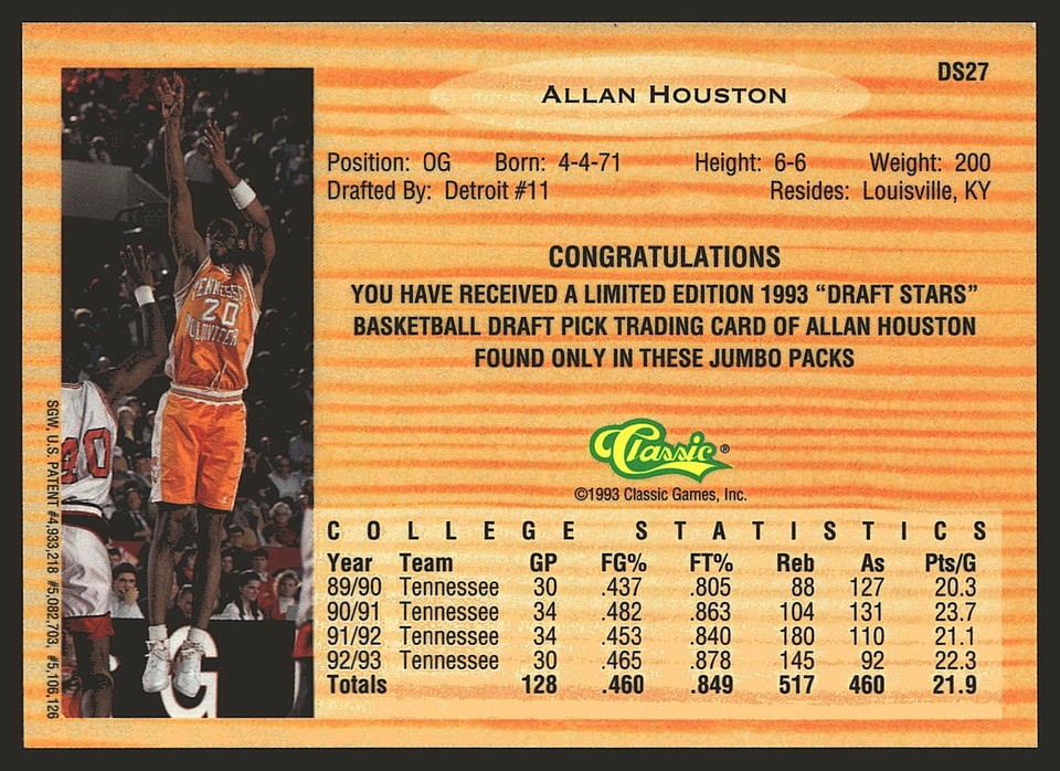 1993 Classic Draft Picks #DS27 Allan Houston Chromium Draft Stars | eBay