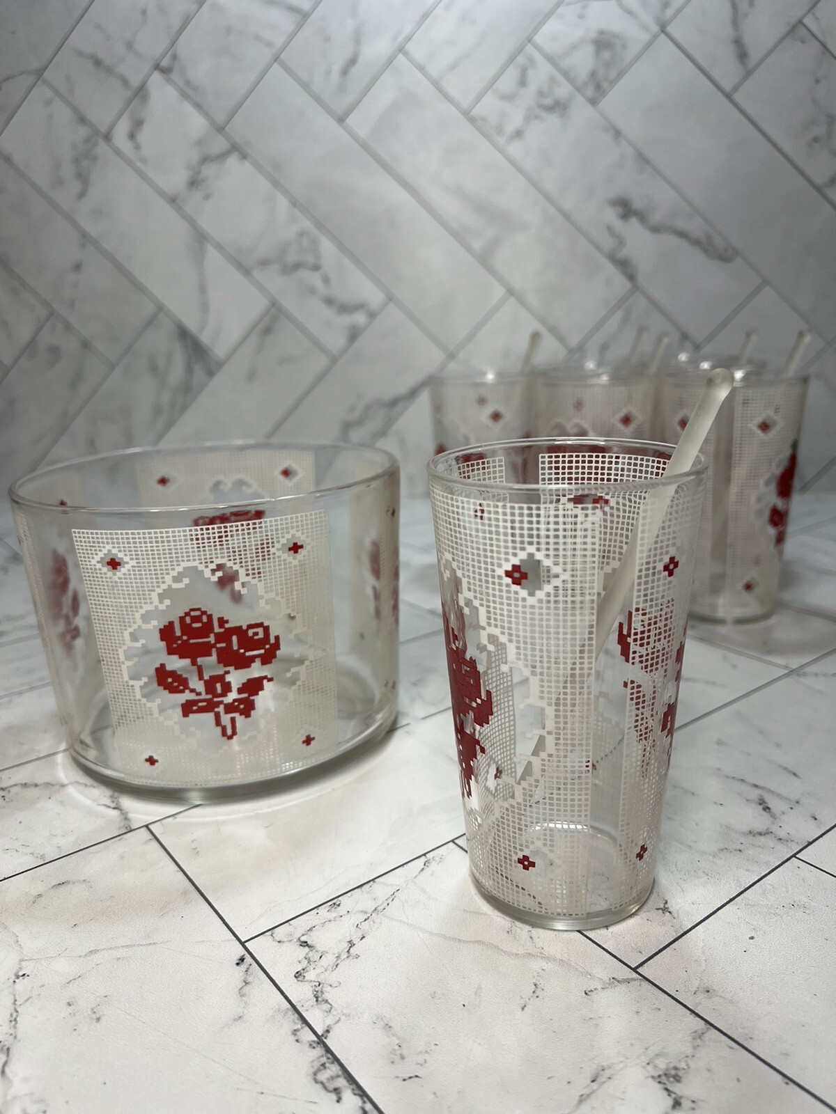 Vintage Needle Point Red Rose Pattern Glass Set Of 14 | eBay