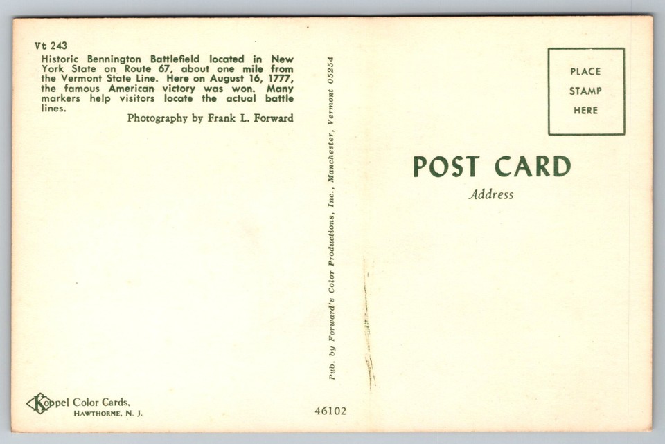 Postcard Historical Bennington Battlefield New York State On Route 67 ...