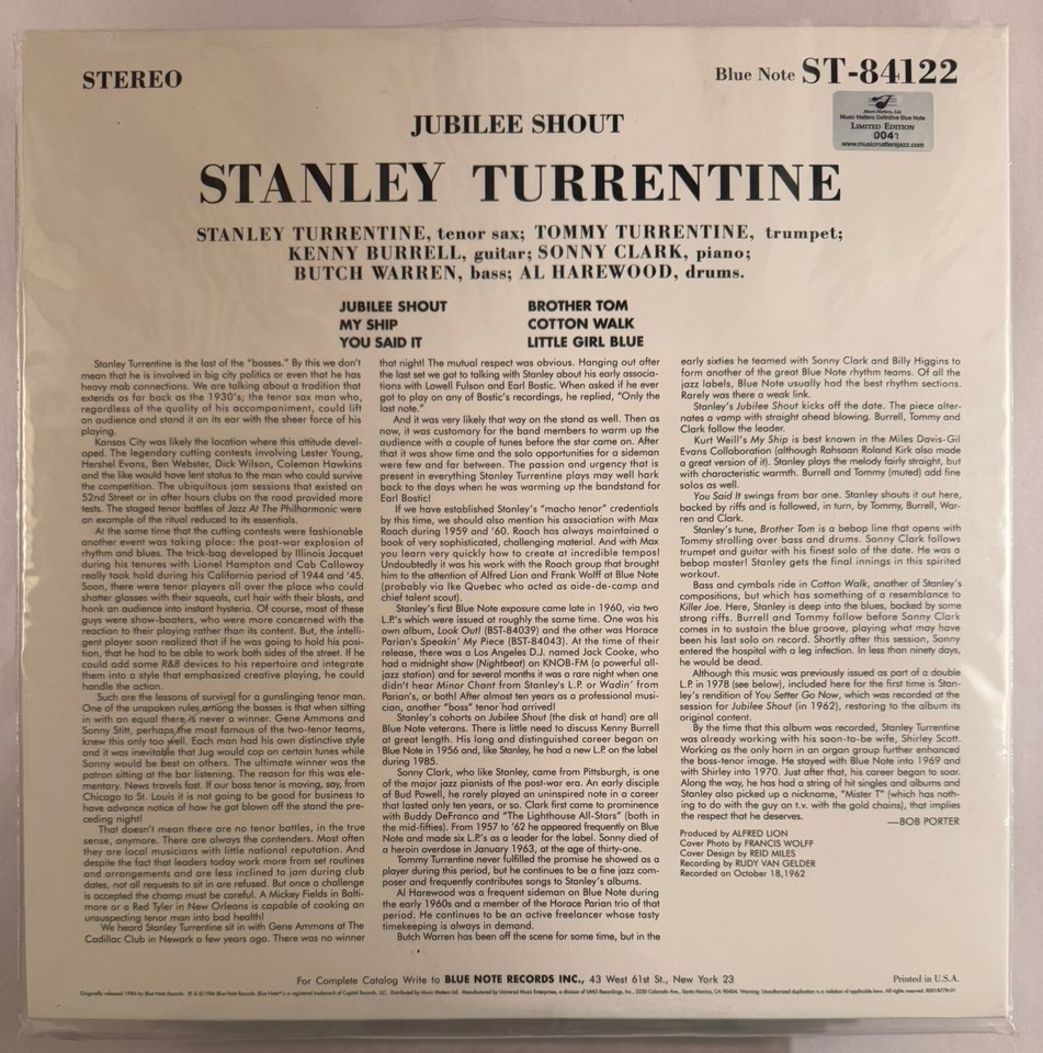 STANLEY TURRENTINE – JUBILEE SHOUT !!! - BLUE NOTE ST-84122 LTD #0041 ...
