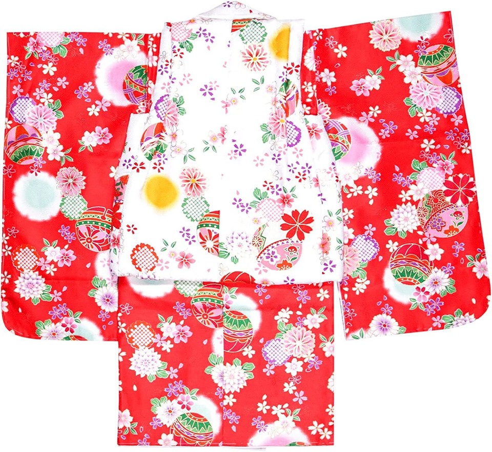 Full Kimono Set Girls Ceremony Celebration 3years New Years Red White ...