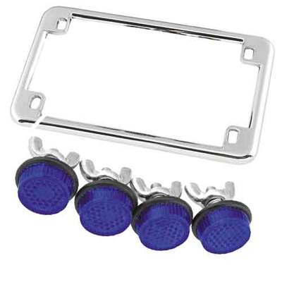 Chrome Motorcycle License Plate Frame & 4 Blue Mini Reflectors Kit Fits ...