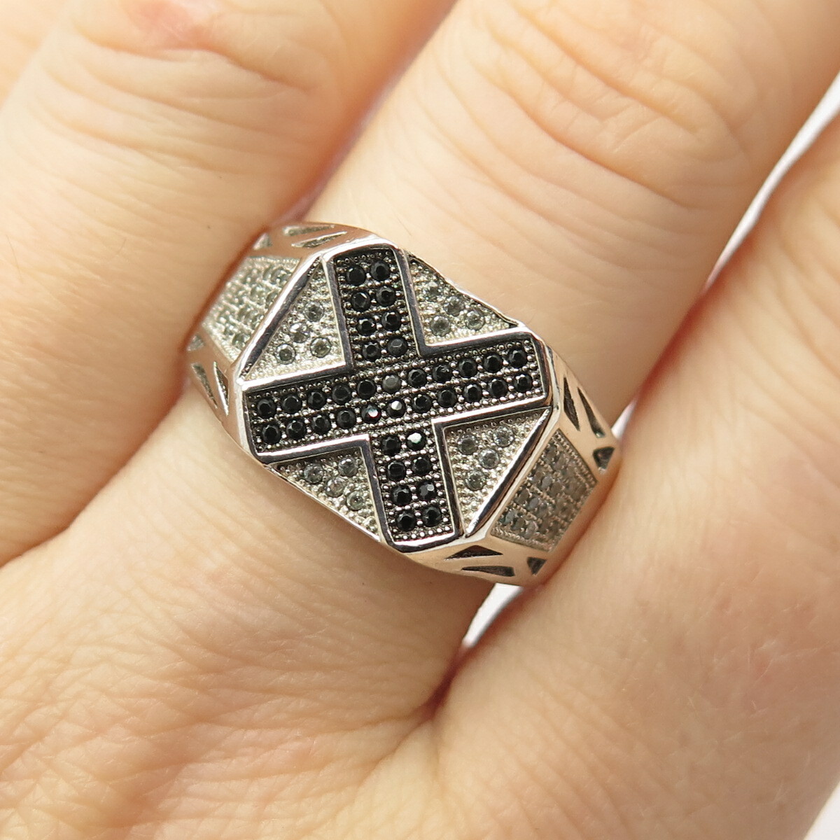 925 Sterling Silver Vintage Real Melanite Gem & C Z Crossed Signet Ring ...