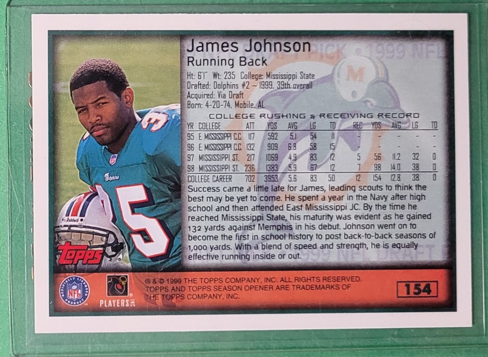 1999 Topps Season Opener James Johnson Rookie Miami Dolphins #154 | eBay