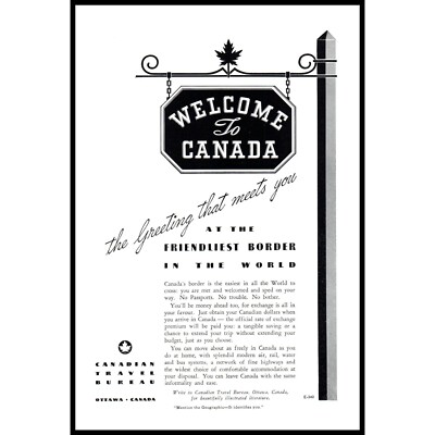 1940 Canadian Travel Bureau Welcome to Canada Sign Vintage Print Ad ...