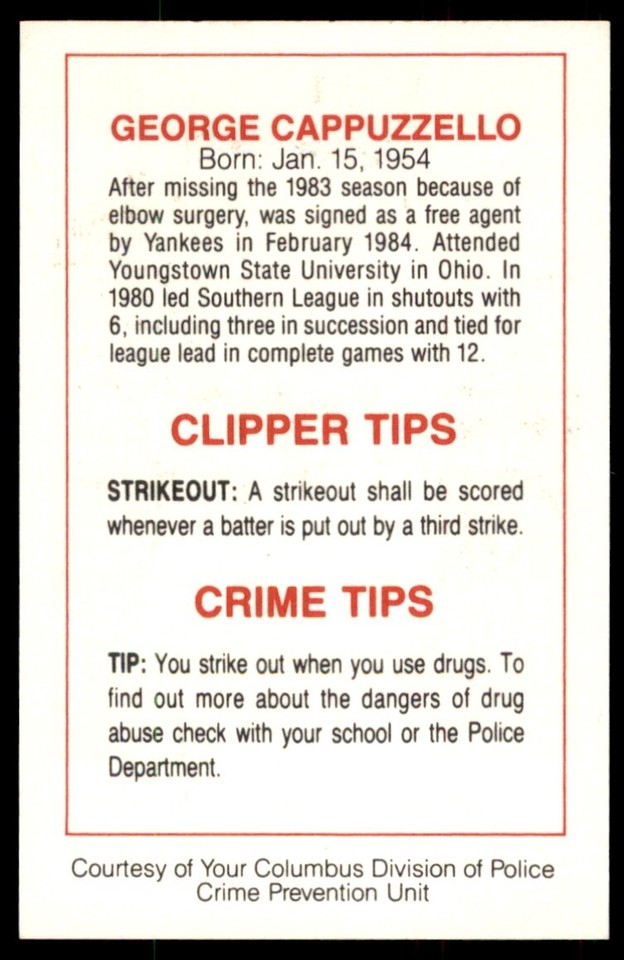 1984 Columbus Clippers Police George Cappuzzello (C) Columbus Clippers ...