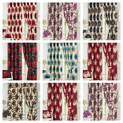 Heavy Fully Lined Half Panama Eyelet Pair Of Curtains With Tie Back, 8 ...