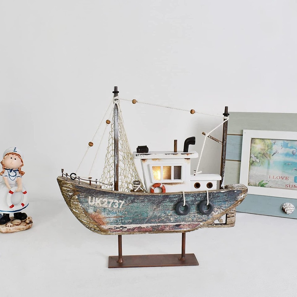 Wood Sailboat Decor with LED Light Nautical Decoration 9.33”H Vintage ...
