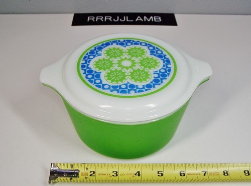 Vtg 70's PYREX 473 Crazy Quilt Green Blue White 1 Quart Qt Casserole ...