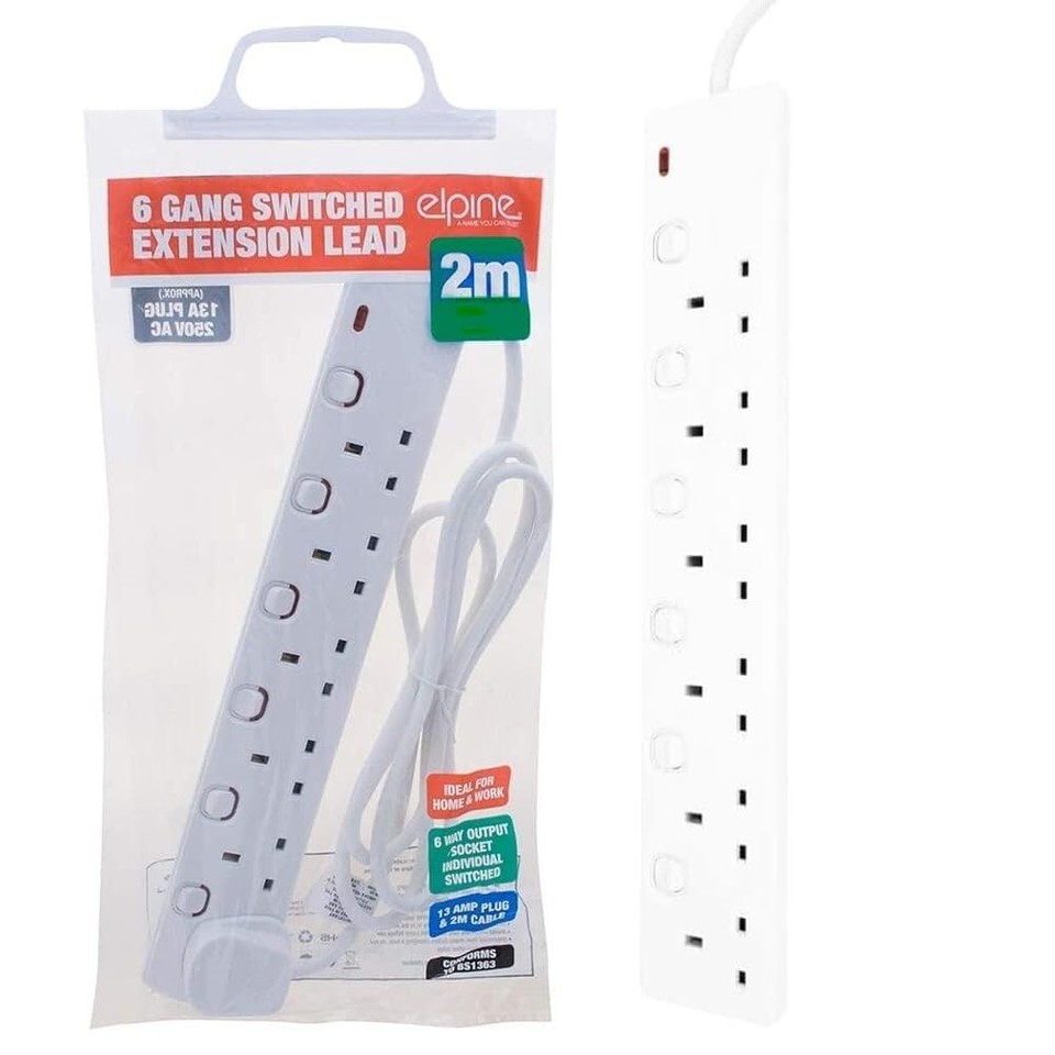 NEW 6 WAY GANG EXTENSION LEAD 2M CABLE INDIVIDUALLY SWITCHED 6 SOCKET ...