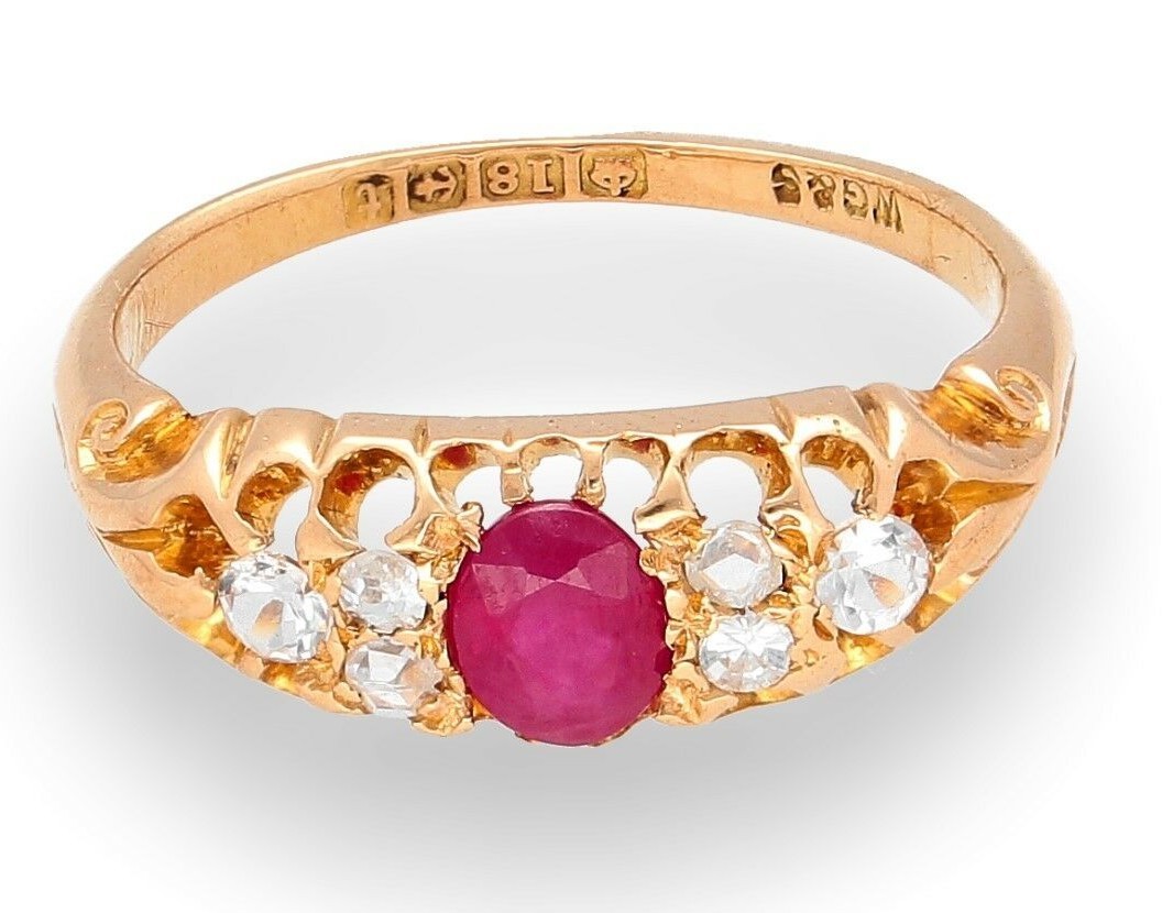 Vintage 18ct Yellow Gold Ruby Solitaire W/ Diamond Accents Ring (Size N ...