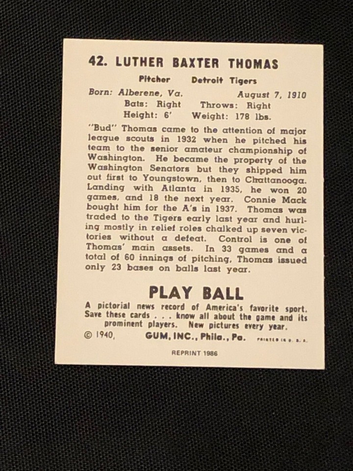 BUD THOMAS 1940 PLAY BALL REPRINT SIGNED AUTOGRAPHED CARD DETROIT ...