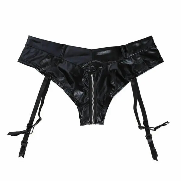 Sexy Low Rise Open Crotch Zipper Faux Leather Garter Booty Panties Plus ...