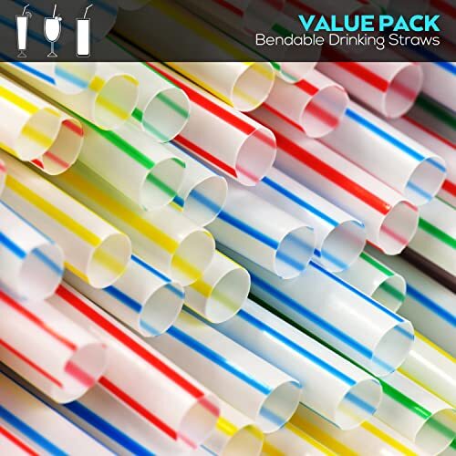 200 Bendable Straws Flexible Straws Striped Fun Colorful Drinking Straw ...