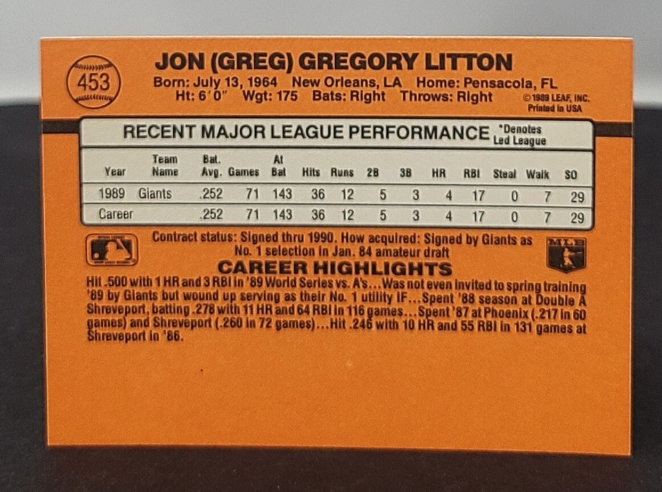 GREG LITTON Signed Autograph 1990 Donruss Baseball Card 453 San ...