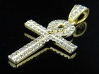10K Yellow Gold Ankh Cross Two Row Genuine Diamond 1.5 Inch Pendant ...