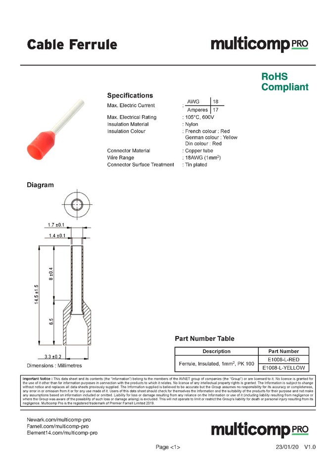 (1000 pc bag) Multicomp Pro E1008-L-RED (E1008), Wire Ferrule 18AWG ...